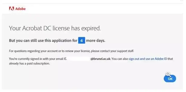Adobe expiration warning message - no action required